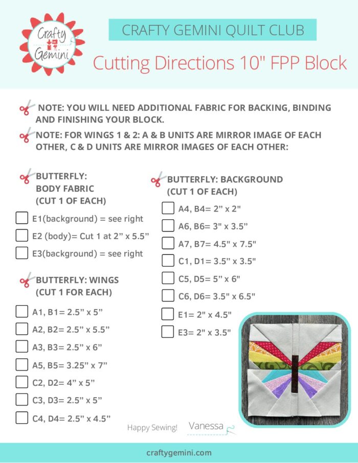 FPP-2023-Quilt-Club-2-Butterfly-10-inch-Cut-Checklist - Crafty Gemini