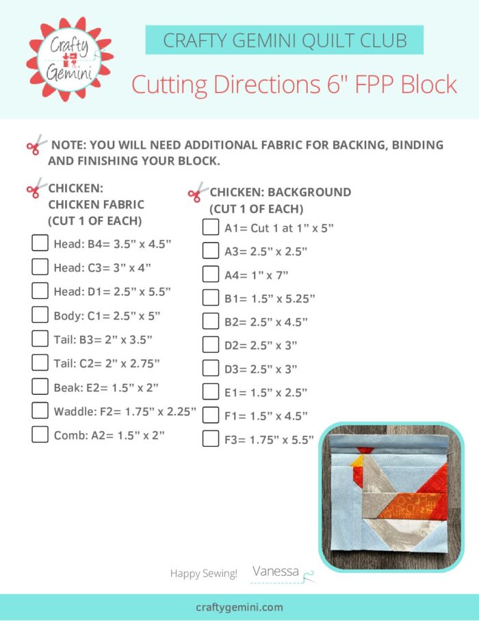 FPP-2023-Quilt-Club-2-Chicken-6inch-Cut-Checklist - Crafty Gemini