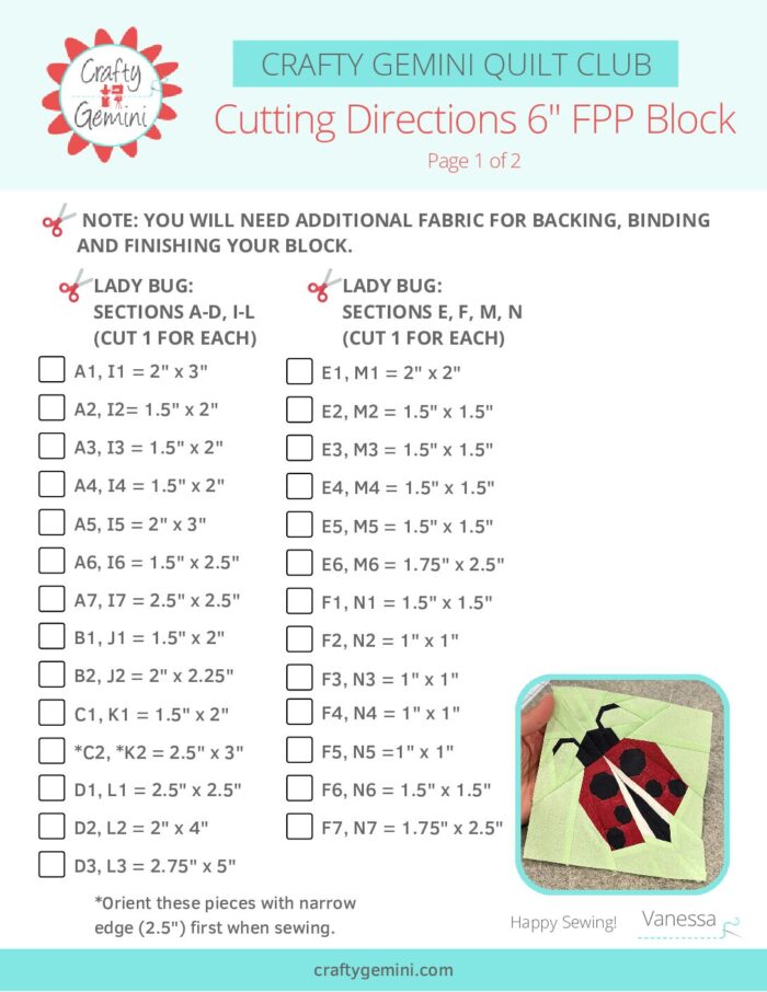 FPP-2023-Quilt-Club-2-Ladybug-6-inch-Cut-Checklist - Crafty Gemini